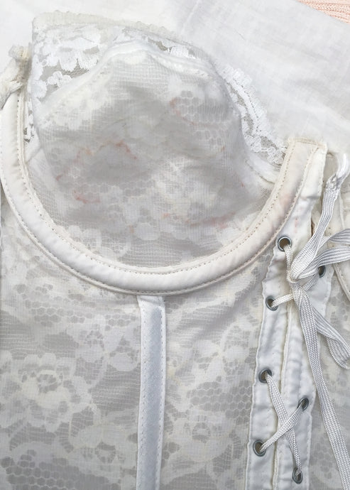 Vintage 80s White Lace Boned Corset Bustier • 34" • Basque Suspenders ...