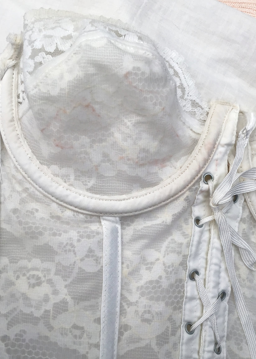 Vintage 80s White Lace Boned Corset Bustier • 34" • Basque Suspenders ...