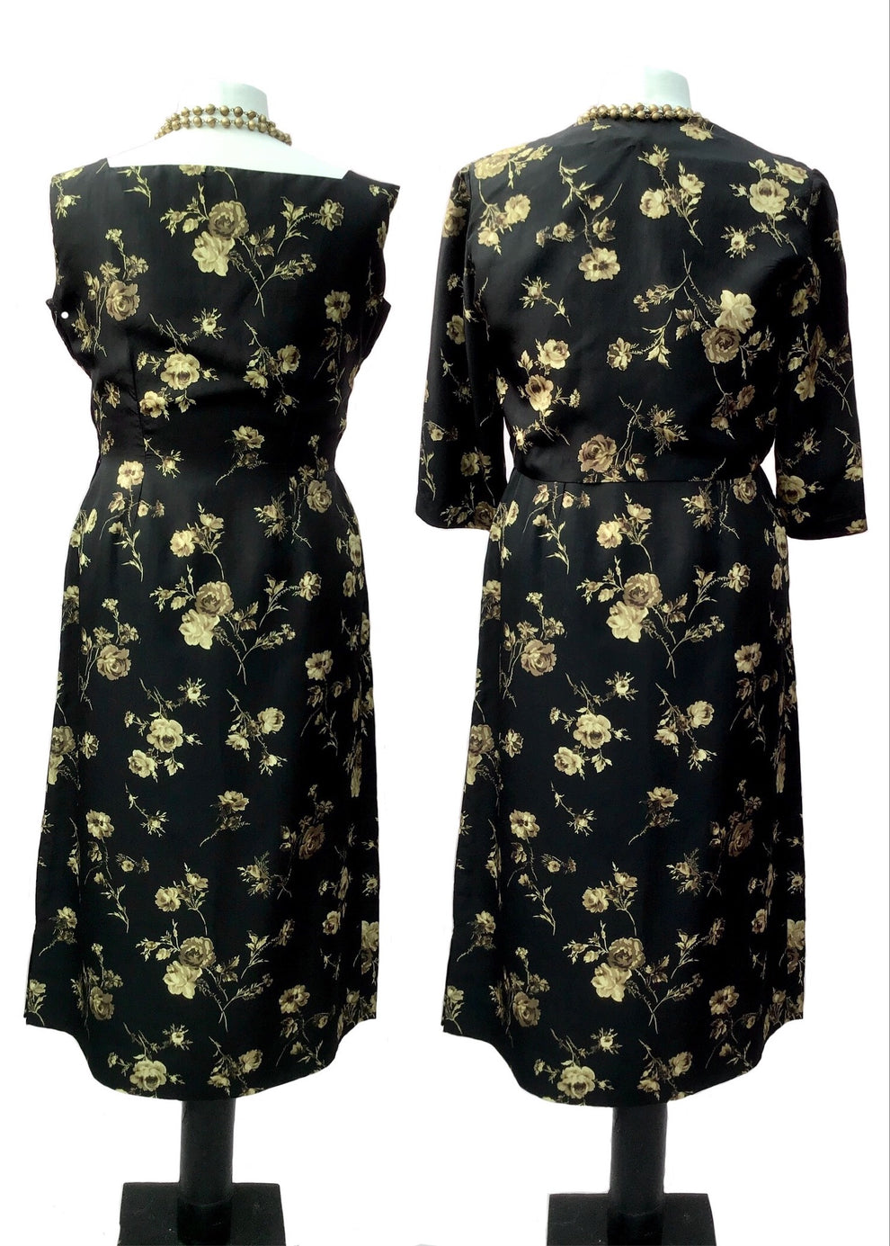 1960s Vintage Frederick Starke Black Floral Silk Dress Set with Box Ja ...