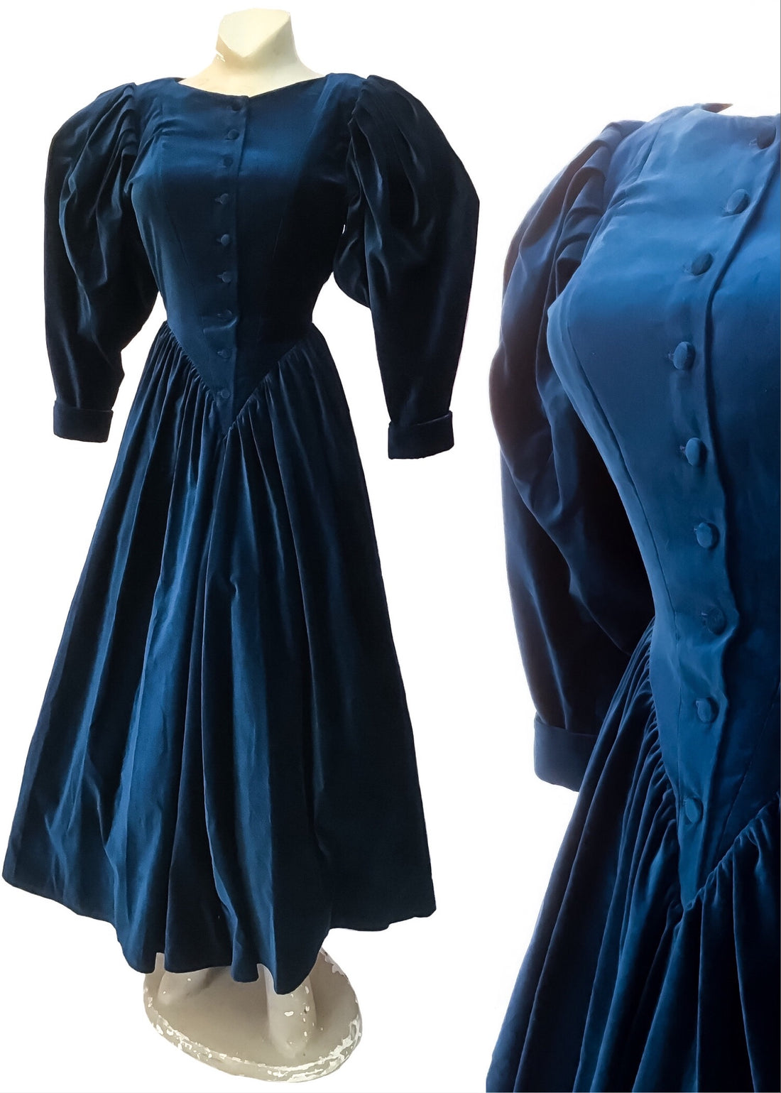 1980s Blue Vintage Velvet Droopy & Browns Victoriana Balloon Sleeve Dr ...