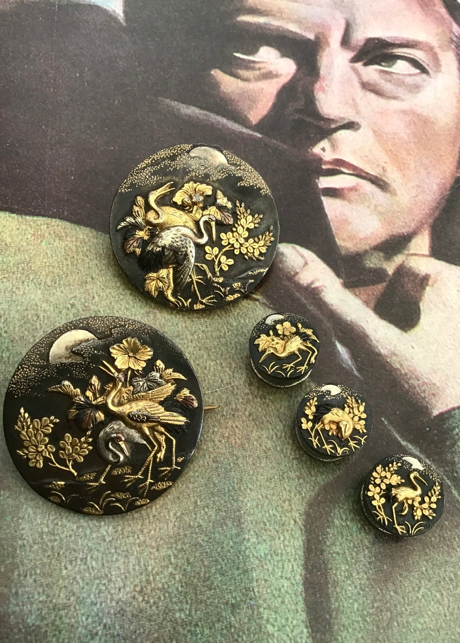 Antique Japanese Shakudo Button Brooches • 1800s Meiji • Cranes – Top ...